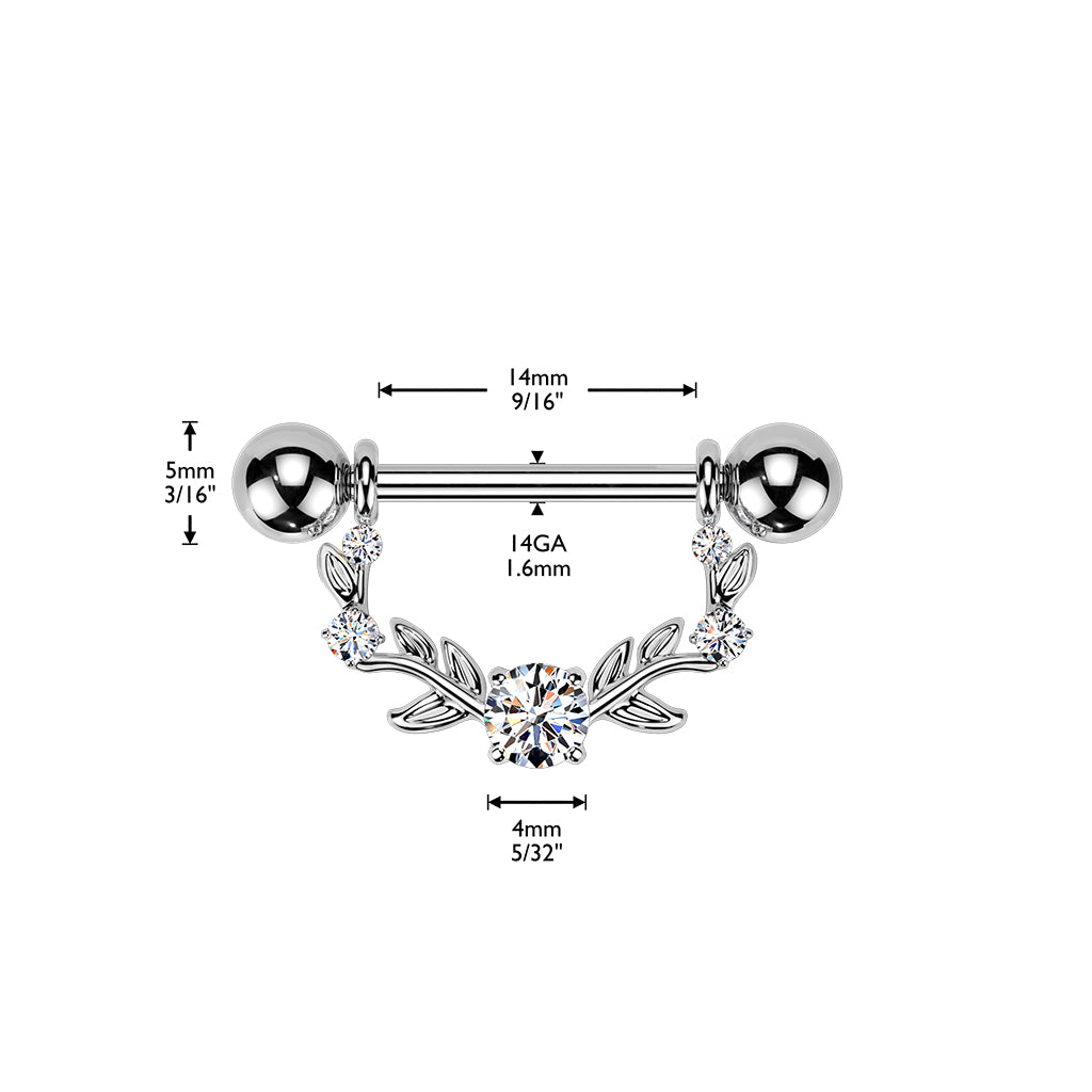 316L Surgical Steel Gold PVD White CZ Vine Shield Nipple Ring Straight ...